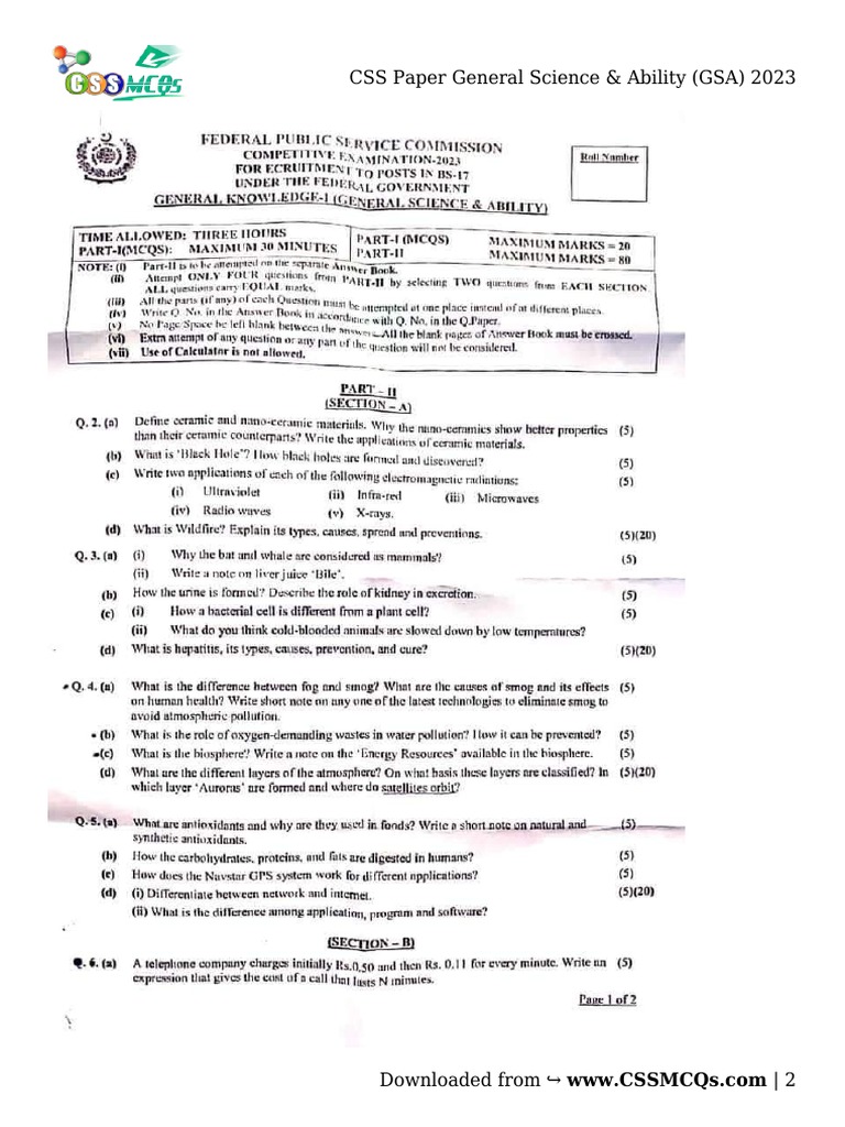 Css Paper General Science And Ability Gsa 2023 Pdf