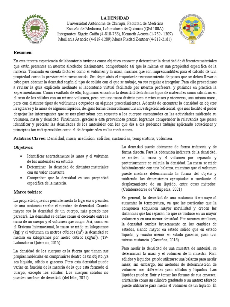 Informe 3 QM Densidad | PDF | Densidad | Masa