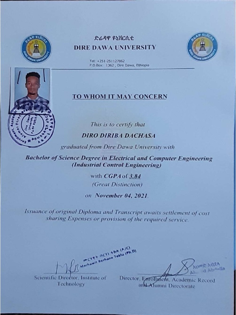 Diro Diriba's Educational Documents and Birt Certificate | PDF