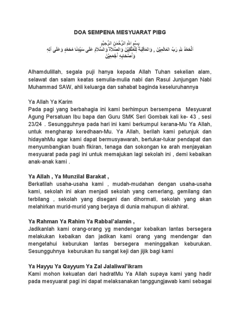 Doa Sempena Mesyuarat Agong Pibg | PDF