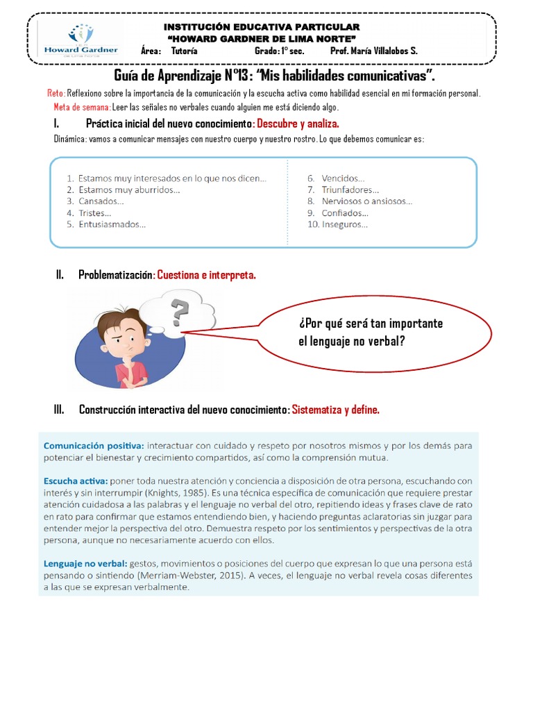 GUIA DE APRENDIZAJE 13 - Tutoría - 1°.mis Habilidades Comunicativas | PDF