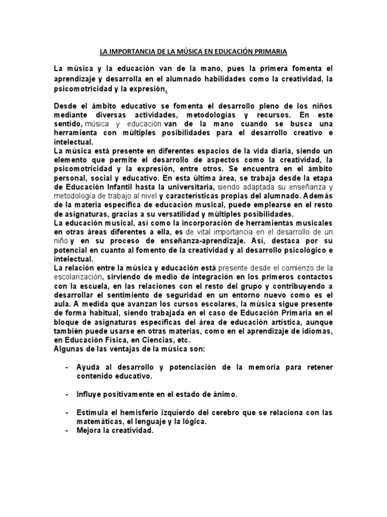 La Importancia de La Música en Educación Primaria | PDF