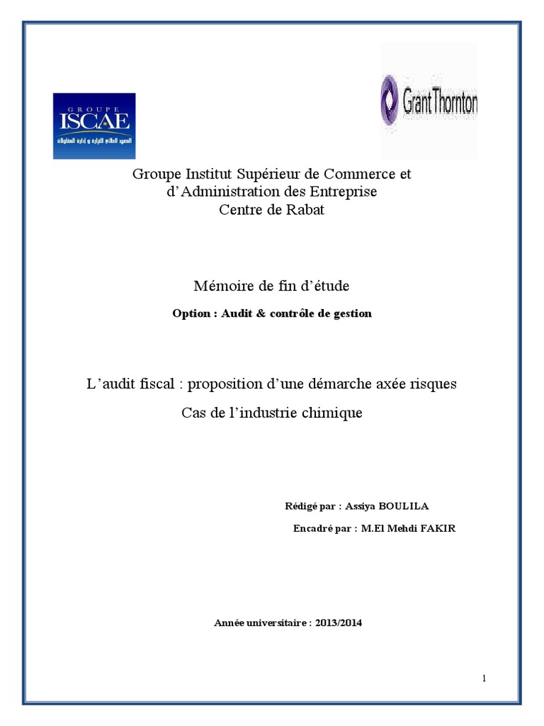 L'Audit Fiscal Proposition D'une Démarche Axée Risques Cas de L'industrie Chimique PDF ...