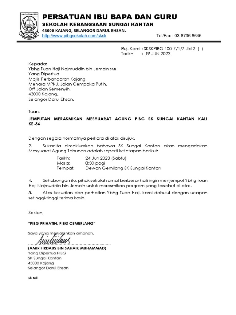 Surat Jemputan Perasmi Mesyuarat Agung Tahunan 2023 | PDF