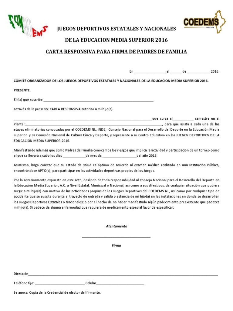 Carta Responsiva Deportiva 2016 | PDF