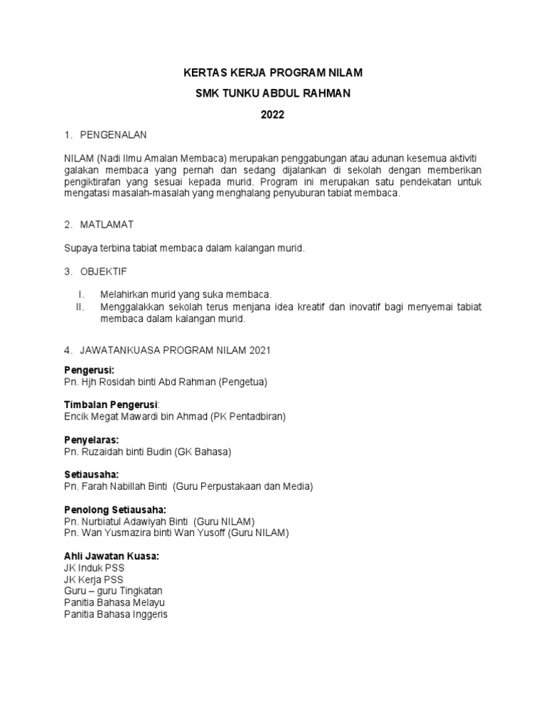 Kertas Kerja Program Nilam 2022 | PDF