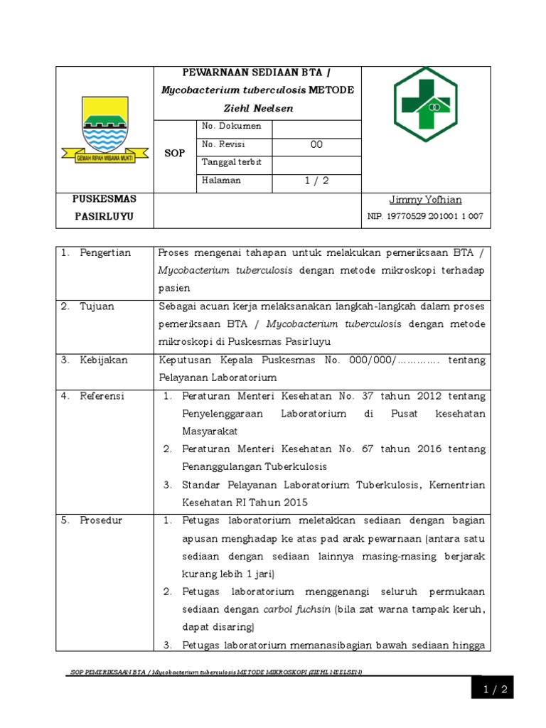 8.1.1.1 SOP PEWARNAAN BTA MYCOBACTERIUM TUBERCULOSIS METODE Ziehl ...