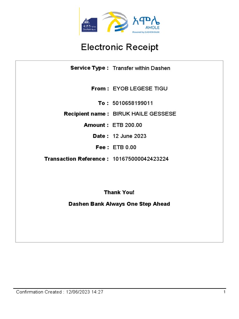 ETB 200 Transfer Receipt - Dashen Bank | PDF