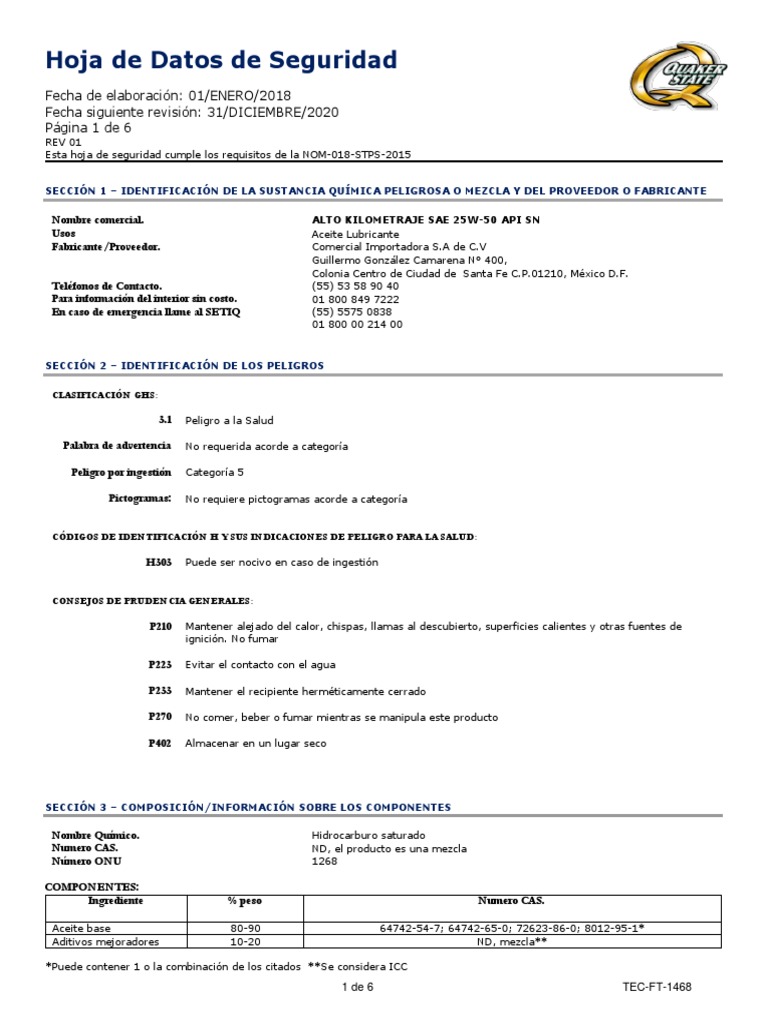 HDS - Aceite Lubricante SAE 25W50 API SN | PDF | Agua | Respiración