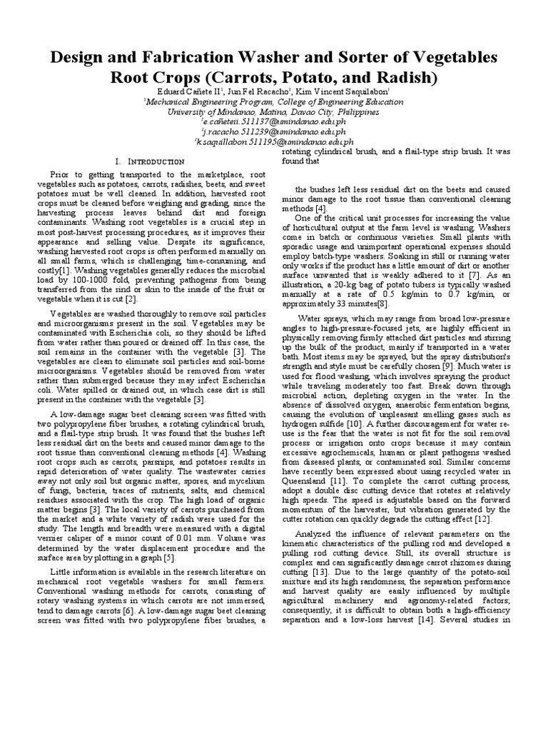 Design and Fabrication Washer and Sorter of Vegetables Root Crops ...