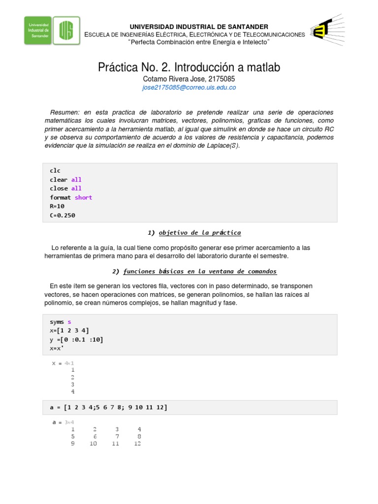 Lab 02 Matlab Jose Cotamo 2175085 | PDF Lab 02 Matlab Jose Cotamo 2175085 | PDF
