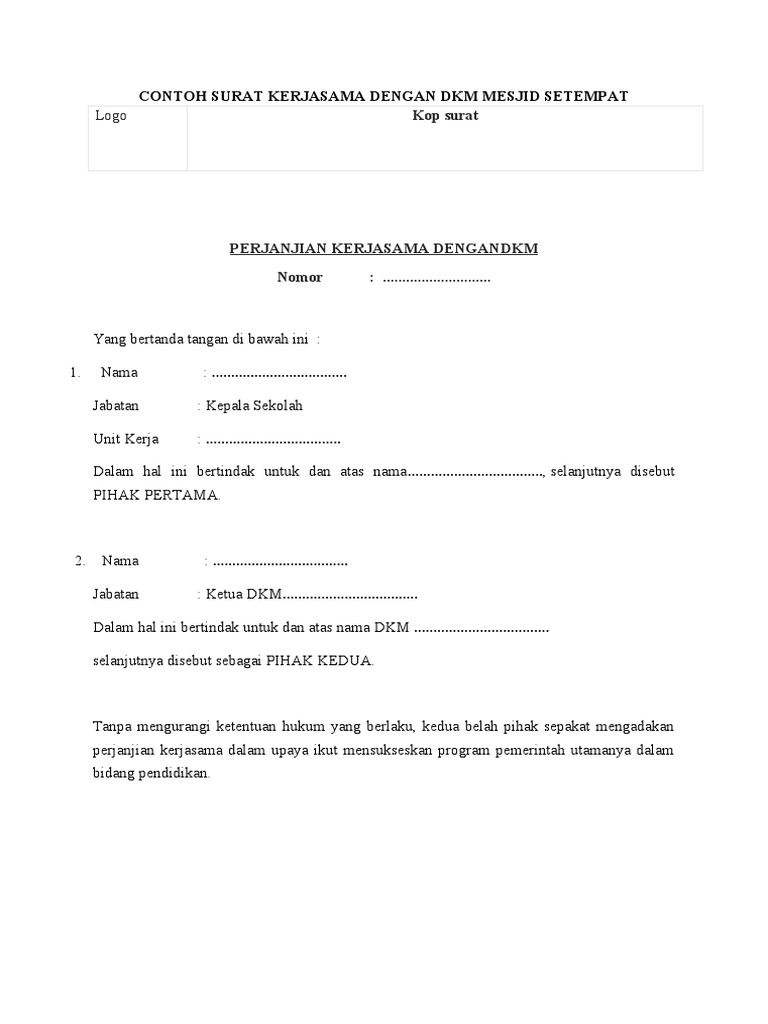 CONTOH SURAT KERJASAMA DENGAN DKM MESJID SETEMPAT | PDF