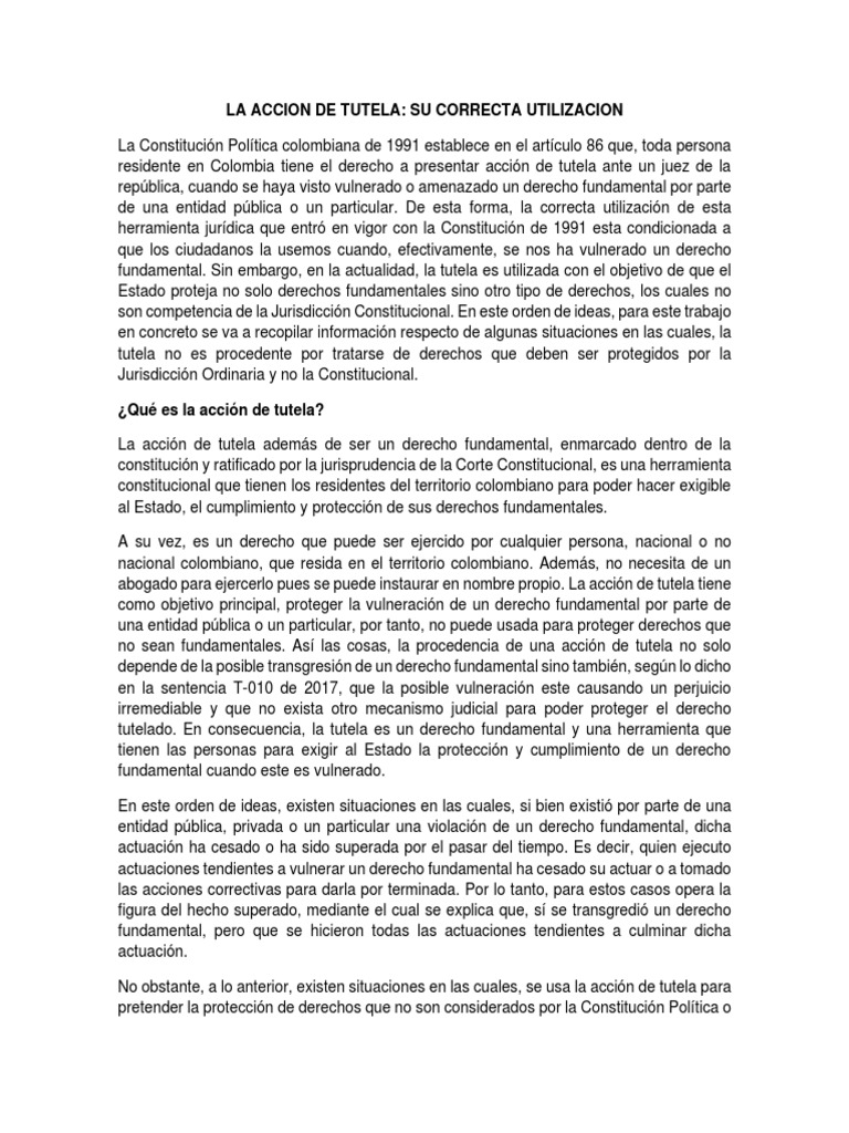 La Accion de Tutela Correcta Utilizacion en Colombia | PDF | Derecho Constitucional | Bancos