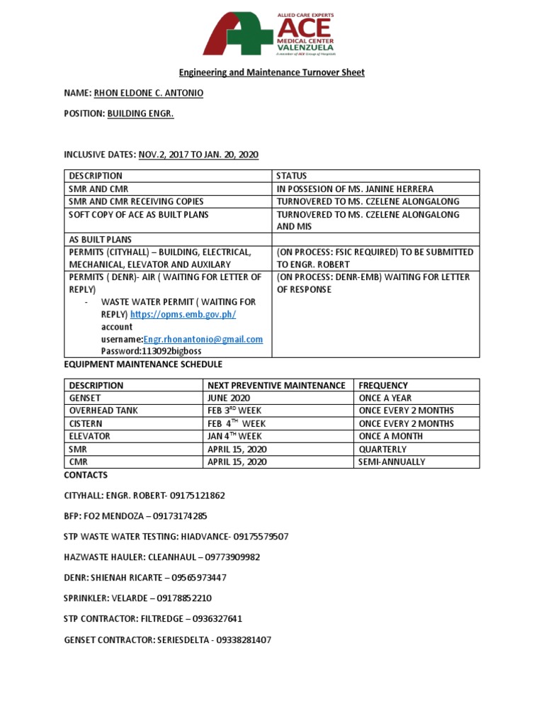 Engineering and Maintenance Turnover Sheet | PDF