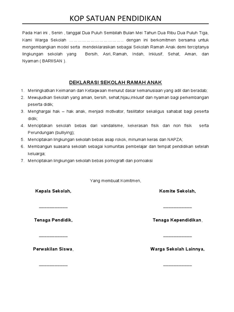 Contoh Komitmen Sekolah Ramah Anak | PDF