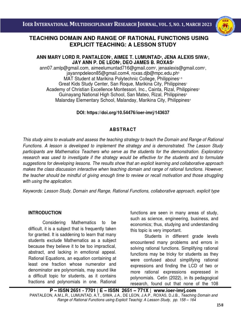 Teaching Domain and Range of Rational Functions Using Explicit Teachig ... Teaching Domain and Range of Rational Functions Using Explicit Teachig ...
