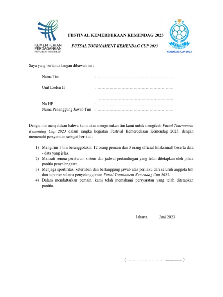 Formulir Pendaftaran Futsal Tournament Kemendag Cup 2023 | PDF