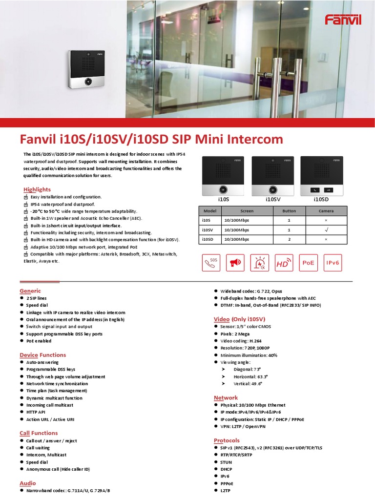 Fanvil I10s i10SV i10SD Datasheet | PDF | Port (Computer Networking) | Session Initiation Protocol