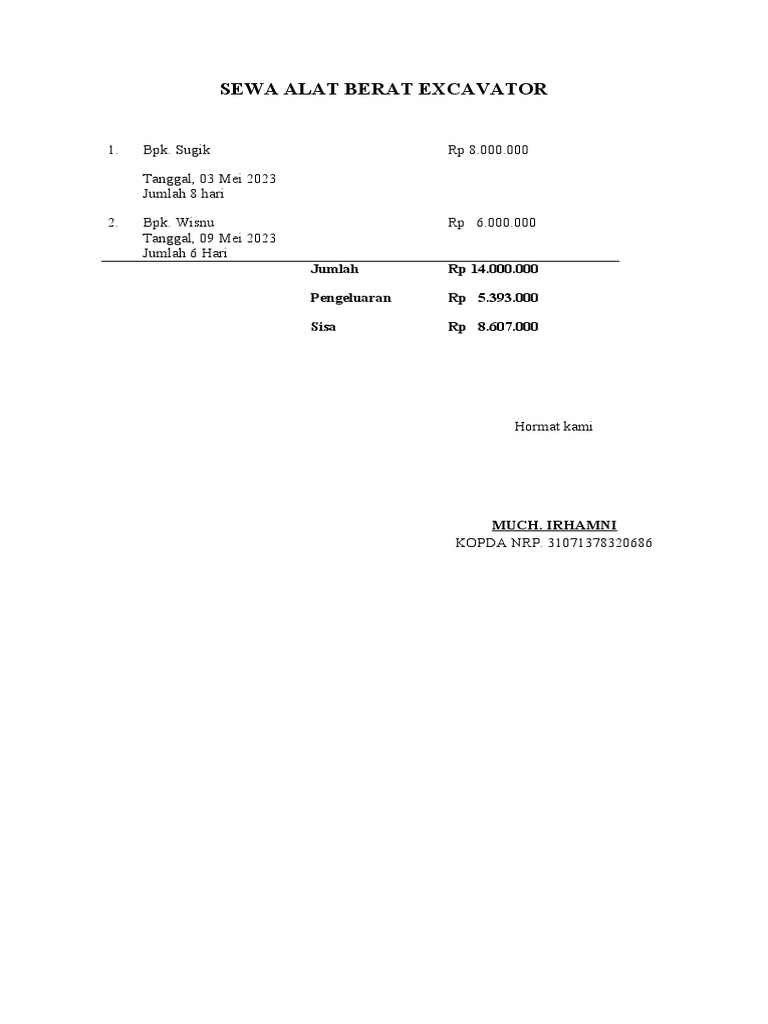 Invoice Sewa Alat Berat Excavator | PDF