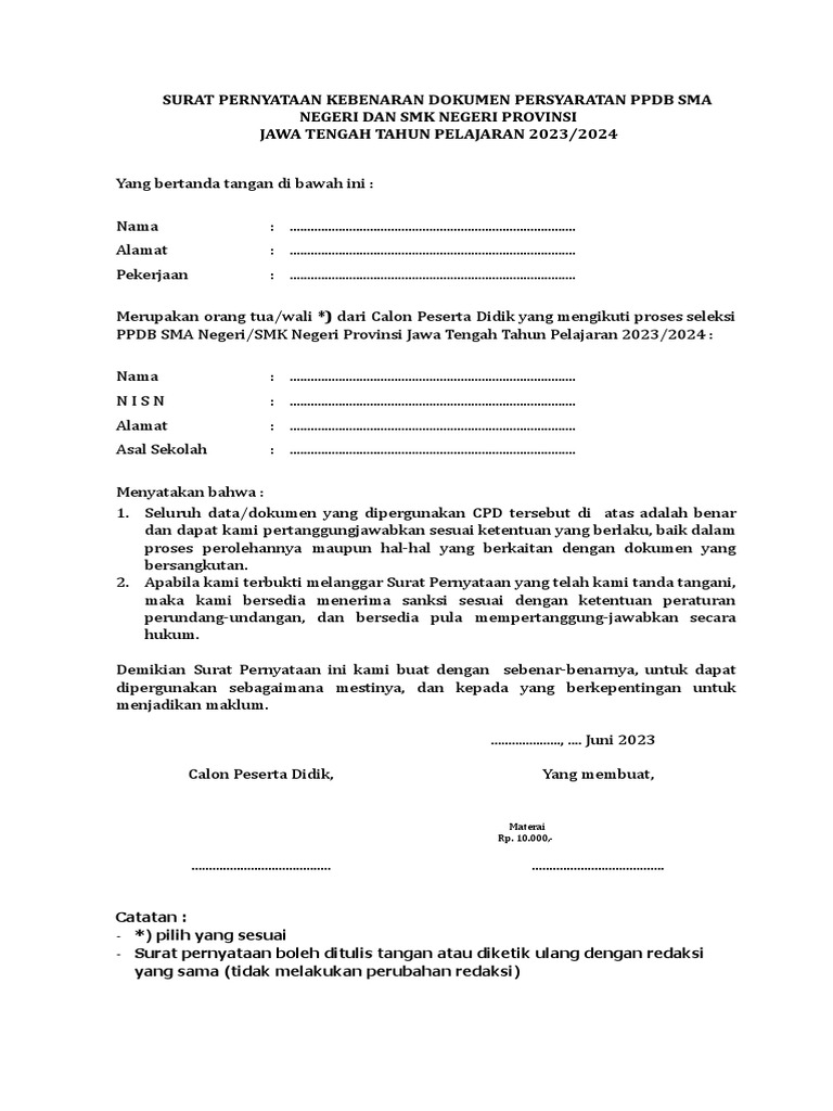 Surat Pernyataan Kebenaran Dokumen Persyaratan PPDB SMK Negeri Provinsi | PDF