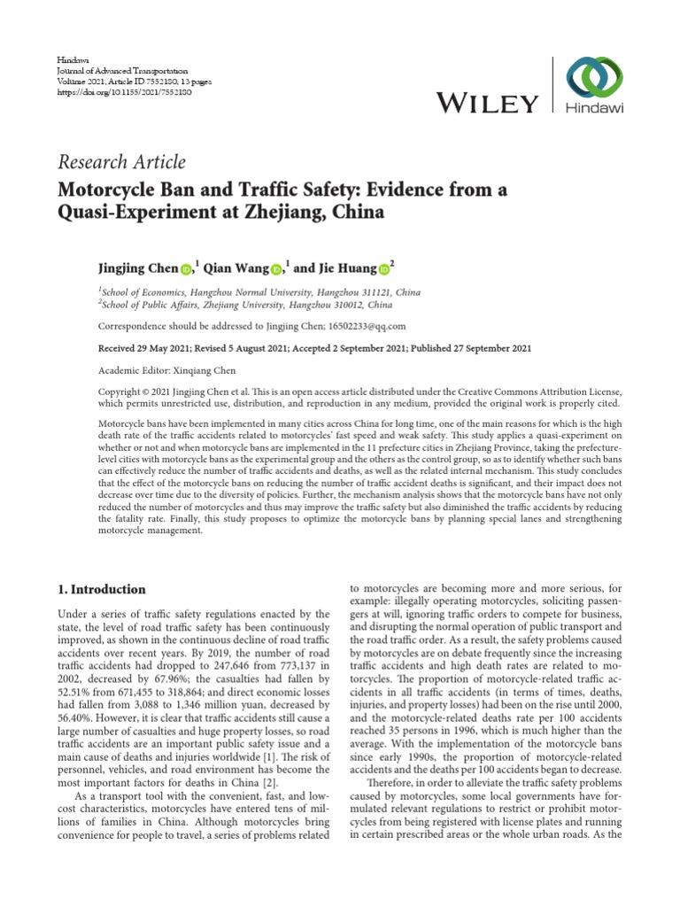 Research Article: Motorcycle Ban and Traffic Safety: Evidence From A ...