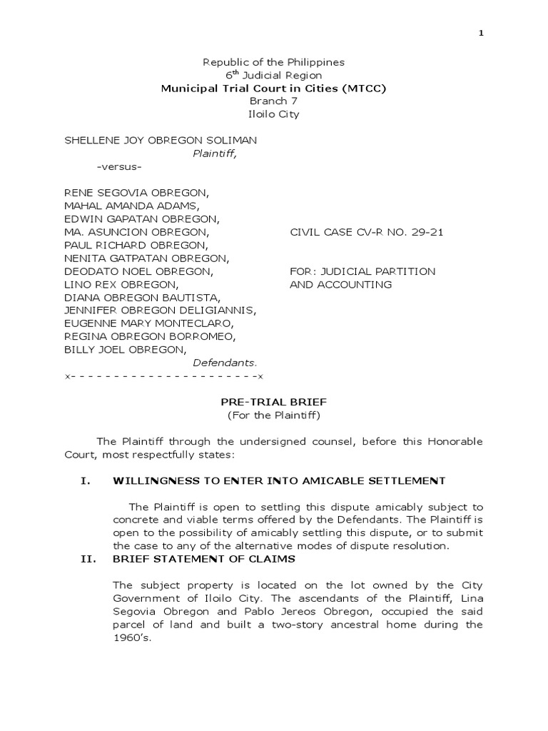 Pre-Trial Brief (Shellene Joy Obregon Segovia) | PDF