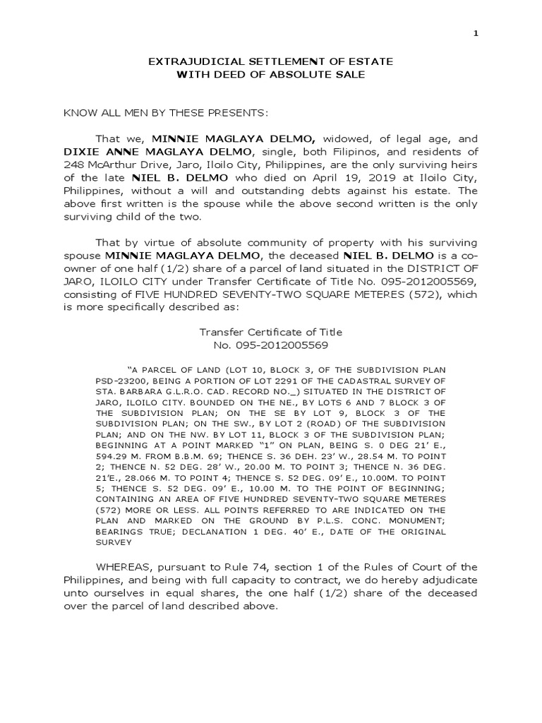 Extrajudicial Estate Settlement & Sale | PDF | Title (Property) | Civil ...