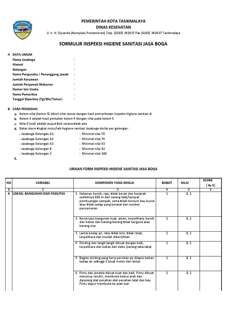 Form Inspeksi Higiene Sanitasi Jasa Boga | PDF