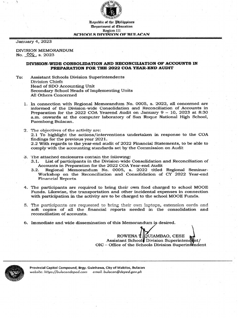 Div Memo No. 006, s. 2023 Division-wide Consolidation and ...