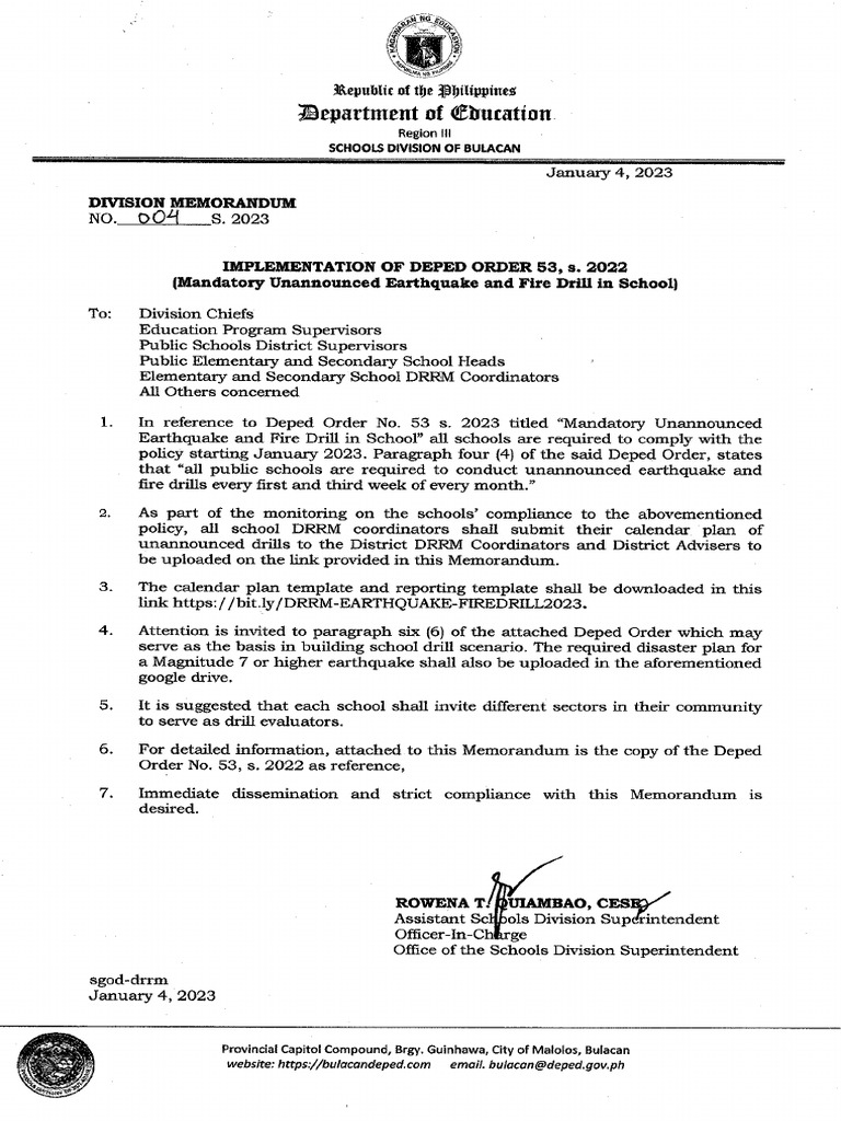 Div Memo No. 004, S. 2023 Implementation of Deped Order 53, S. 2022 (Mandatory Unannounced ...