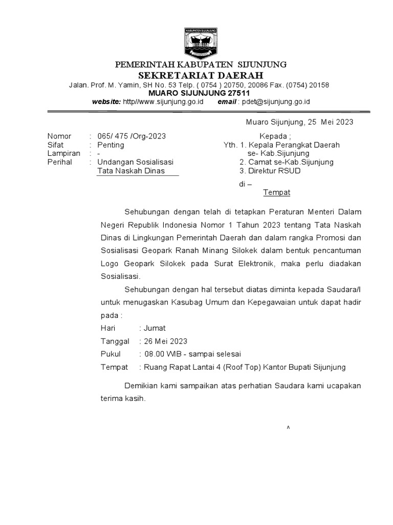 Surat Undangan Sosialisasi Permendagri 1 Tahun 2023 | PDF