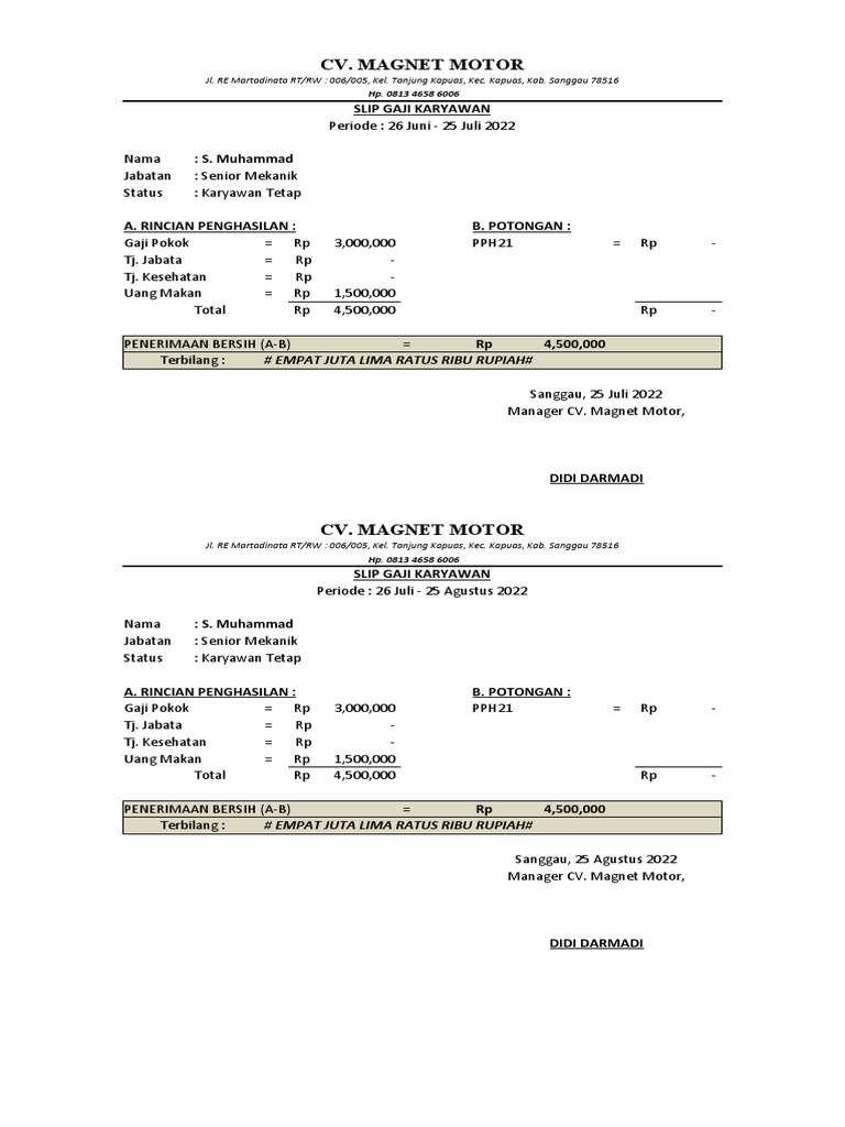 Contoh Slip Gaji Magnet Motor | PDF