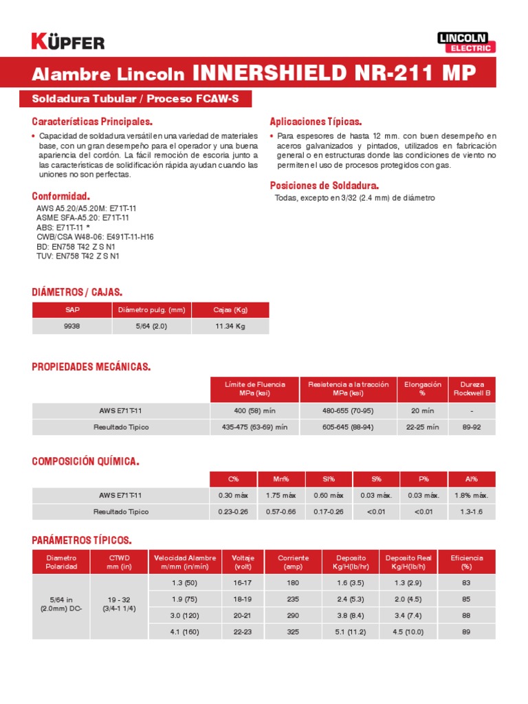 Alambre Lincoln INNERSHIELD NR 211 MP | PDF