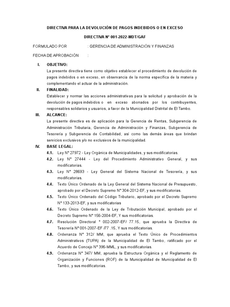 Directiva para La Devolución de Pagos Indebidos o en Exceso | Descargar ... Directiva para La Devolución de Pagos Indebidos o en Exceso | Descargar ...