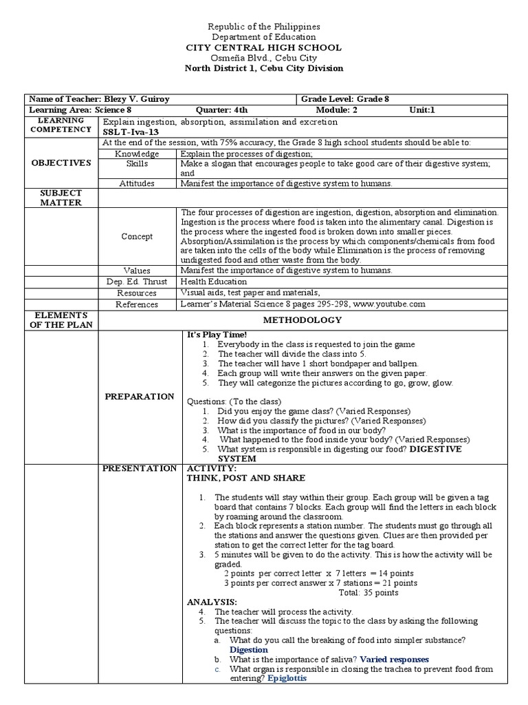 Lesson-Plan-School Demo | PDF | Digestion | Human Digestive System