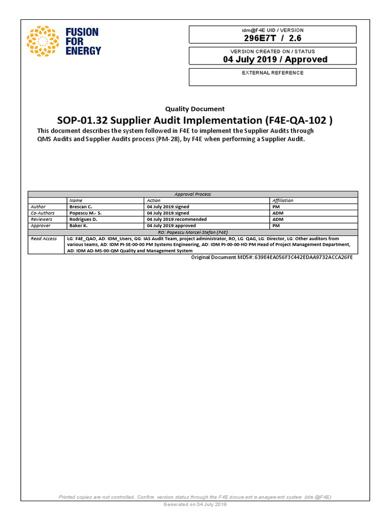 SOP-01.38 Supplier Audit Implementation (F4E-QA-102) 296E7T v2 6 | PDF | Business