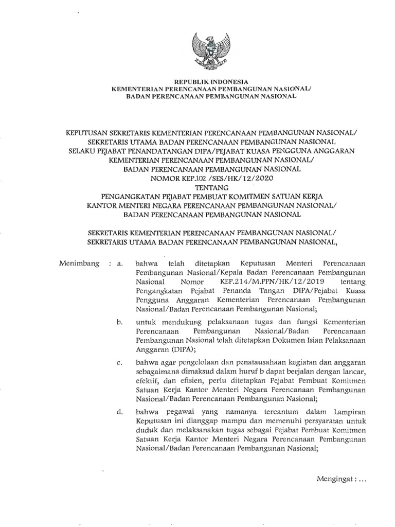 SK KEP.102 - SES - HK - 12 - 2020 Pengangkatan PPK Satker Kemen PPN - Bappenas | PDF