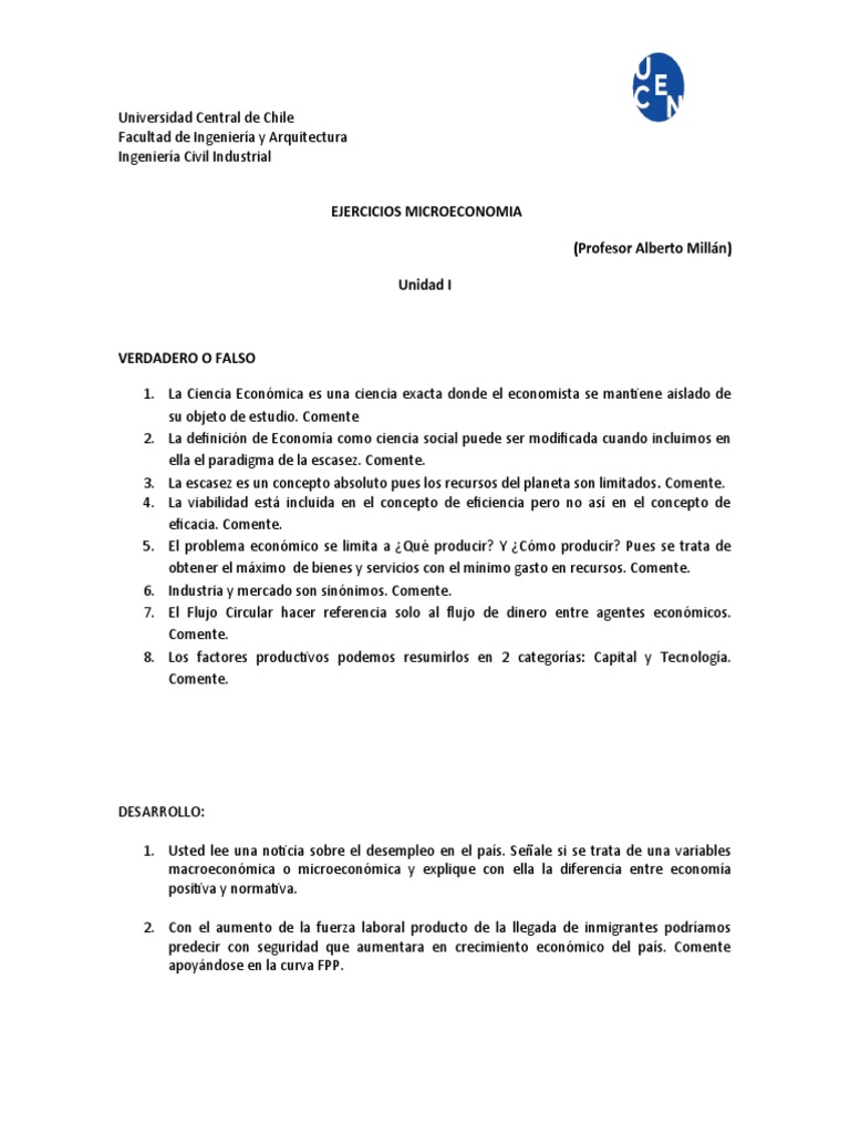 1 Guia de Ejercicios MICRO Unidad I | PDF | Ingeniería | Microeconomía