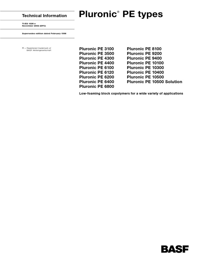 PLURONIC PE Types - BASF | PDF | Detergent | Solubility