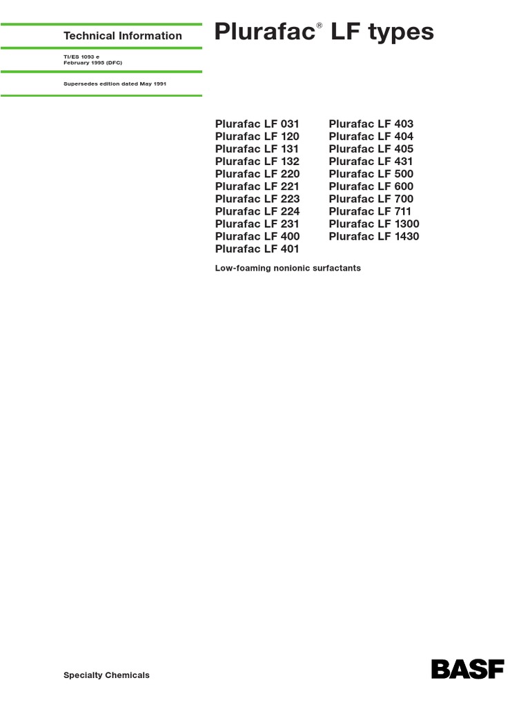 Plurafac LF Types | PDF | Detergent | Sodium Hydroxide