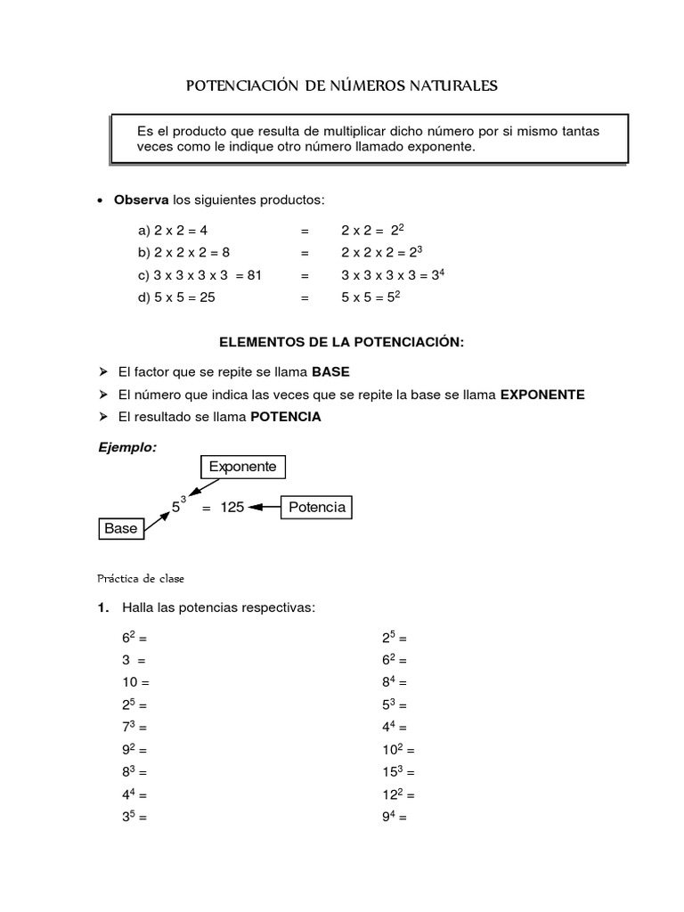 POTENCIACIÓN DE NÚMEROS NATURALES | PDF