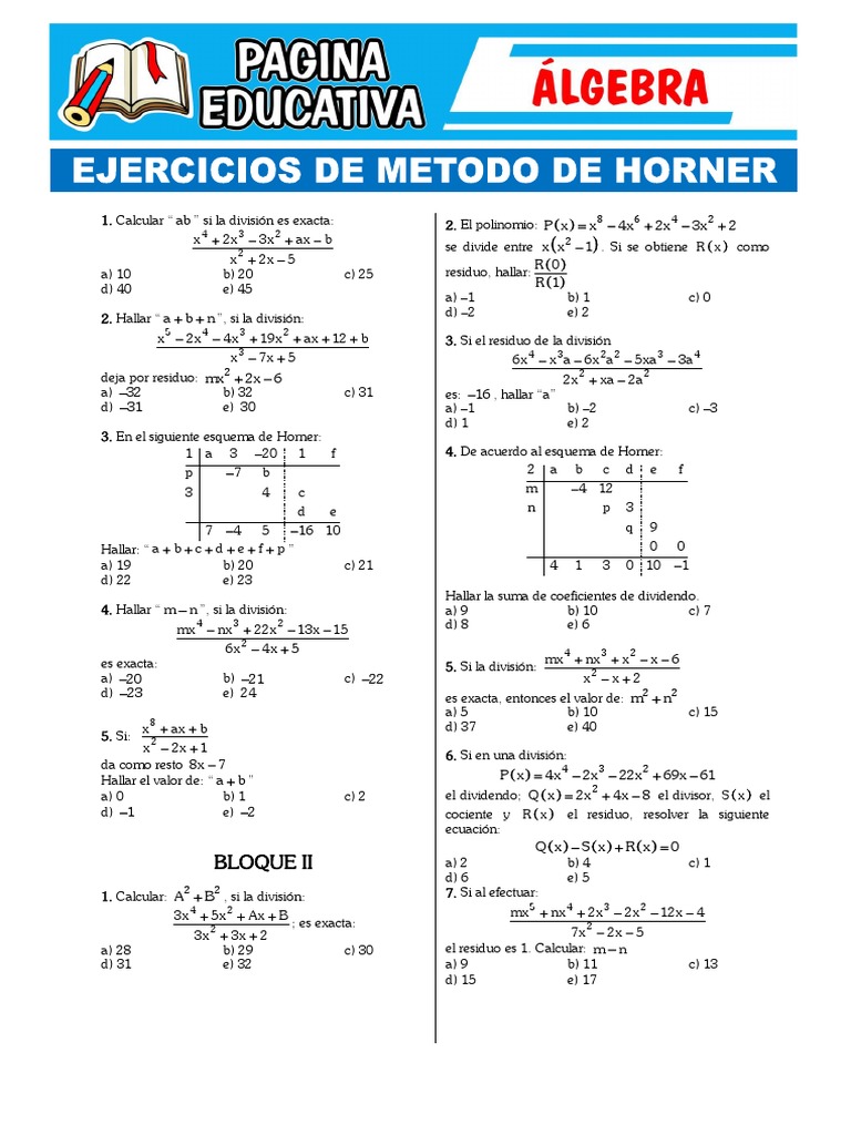 Ejercicios de Metodo de Horner Pagina Educativa | PDF | División ...
