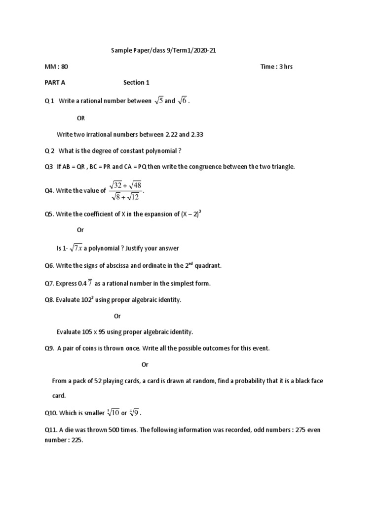 Maths-Sample Paper Term1-Cl 9 | PDF | Triangle | Mathematics