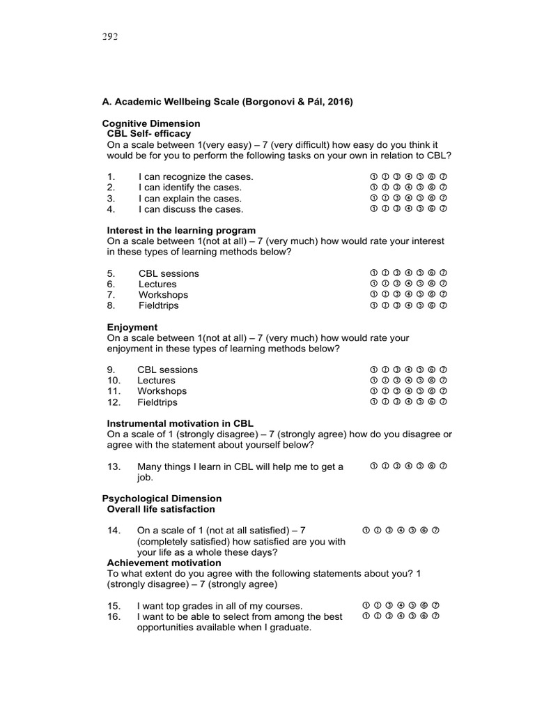 Academic Wellbeing Scale (Borgonovi & Pál, 2016) | PDF | Happiness ...