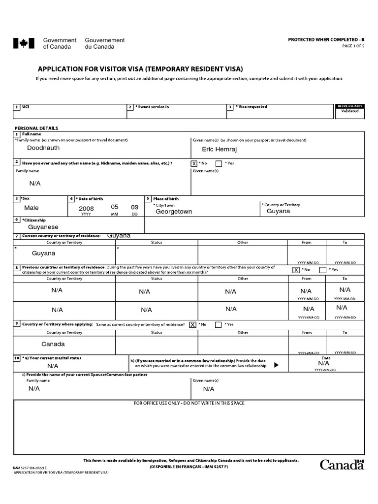 Canada Visa Form/IMM5257 | PDF