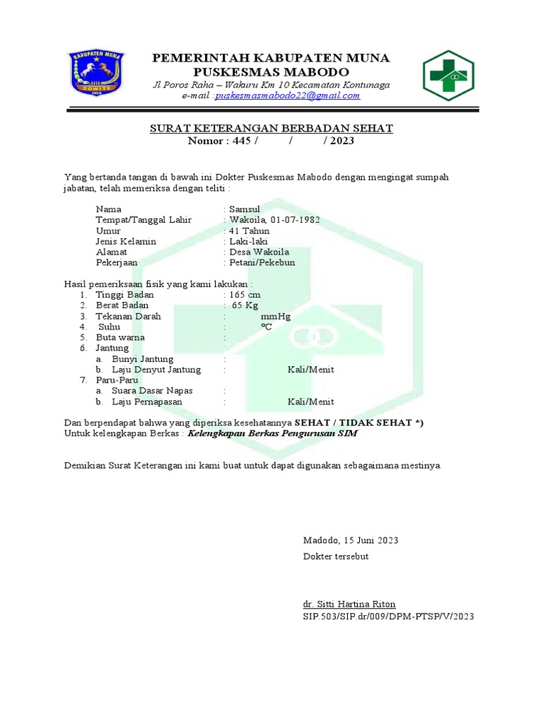 Surat Keterangan Berbadan Sehat | PDF