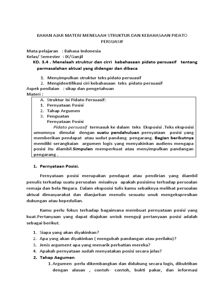 Bahan Ajar Materi Menelaah Struktur Dan Kebahasaan Pidato Persuasif | PDF