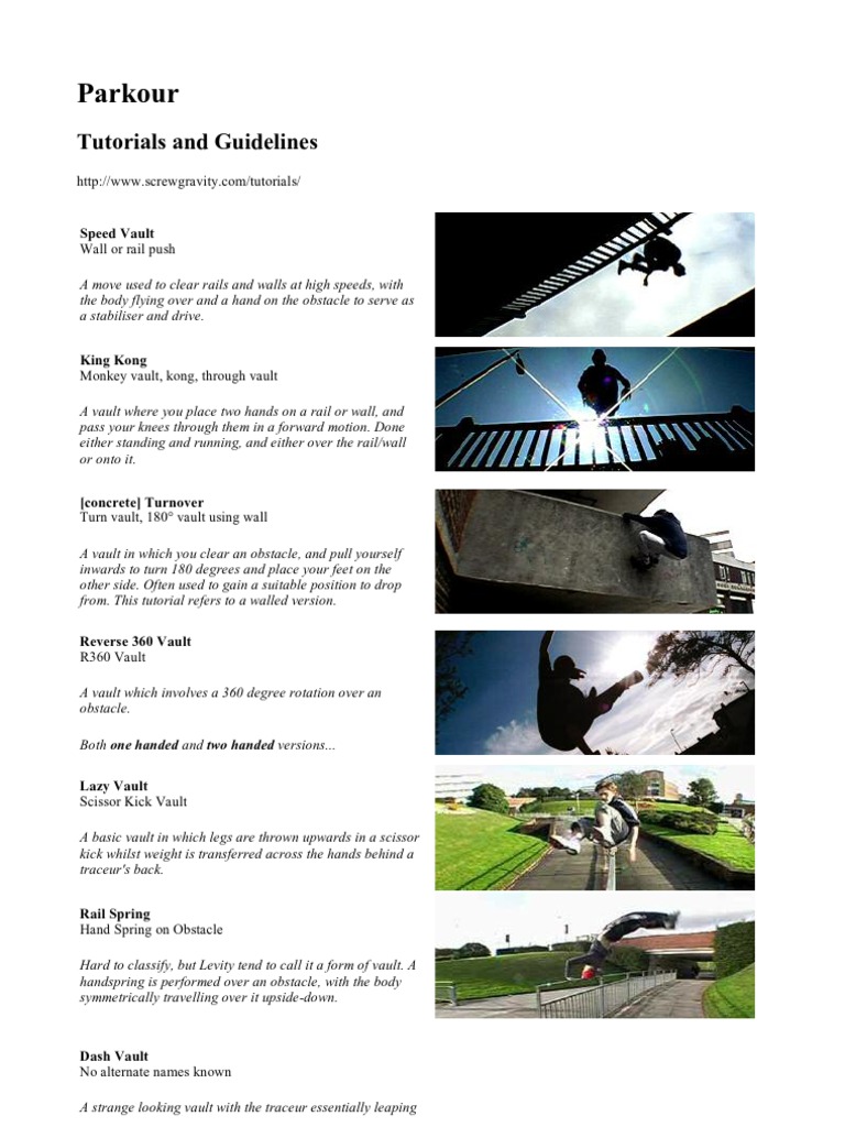 Parkour Vaults and Techniques Guide | PDF | Shoulder | Rotation