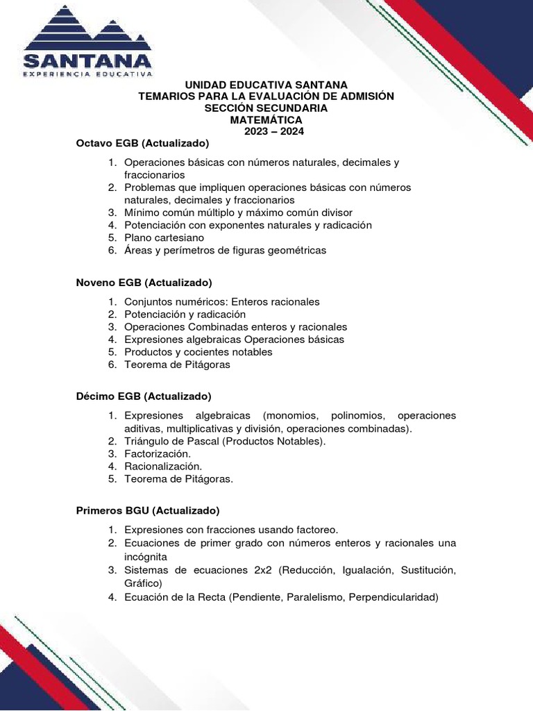 Temario Matemáticas Exámenes de Admisión 2023 | PDF