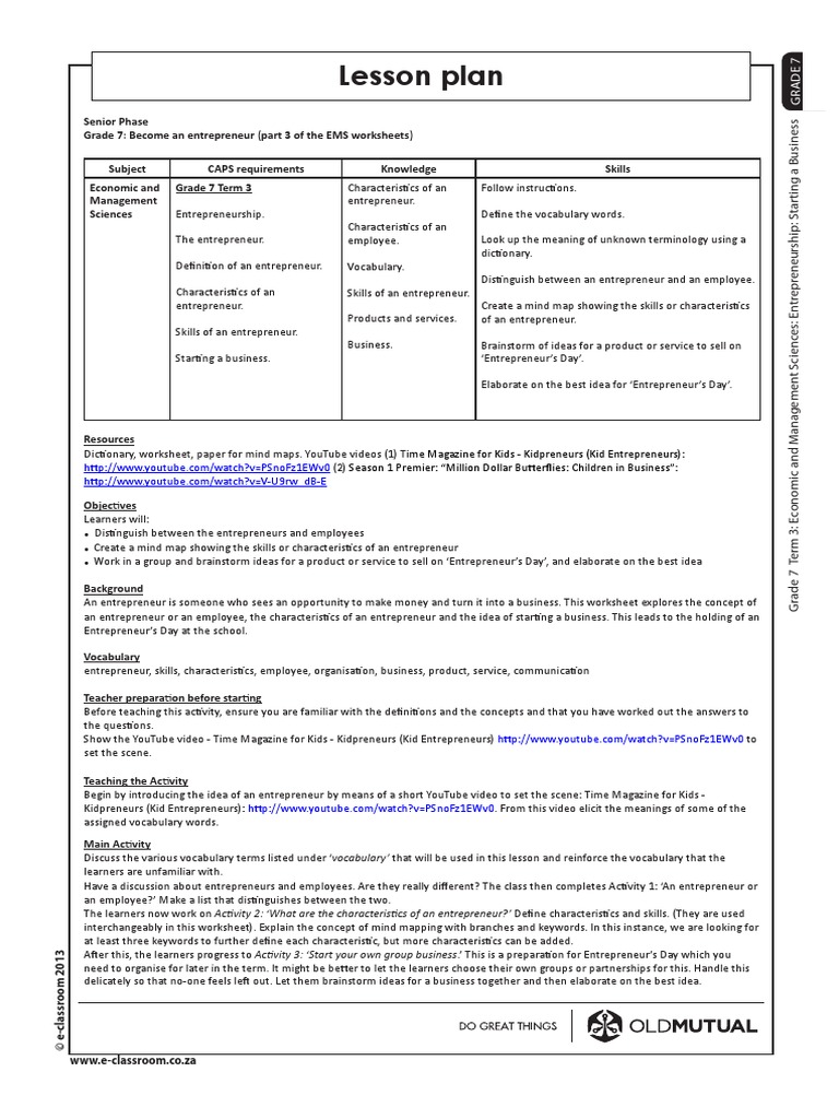 Grade 7 Entrepreneurship Lesson Plan | PDF | Entrepreneurship | Vocabulary